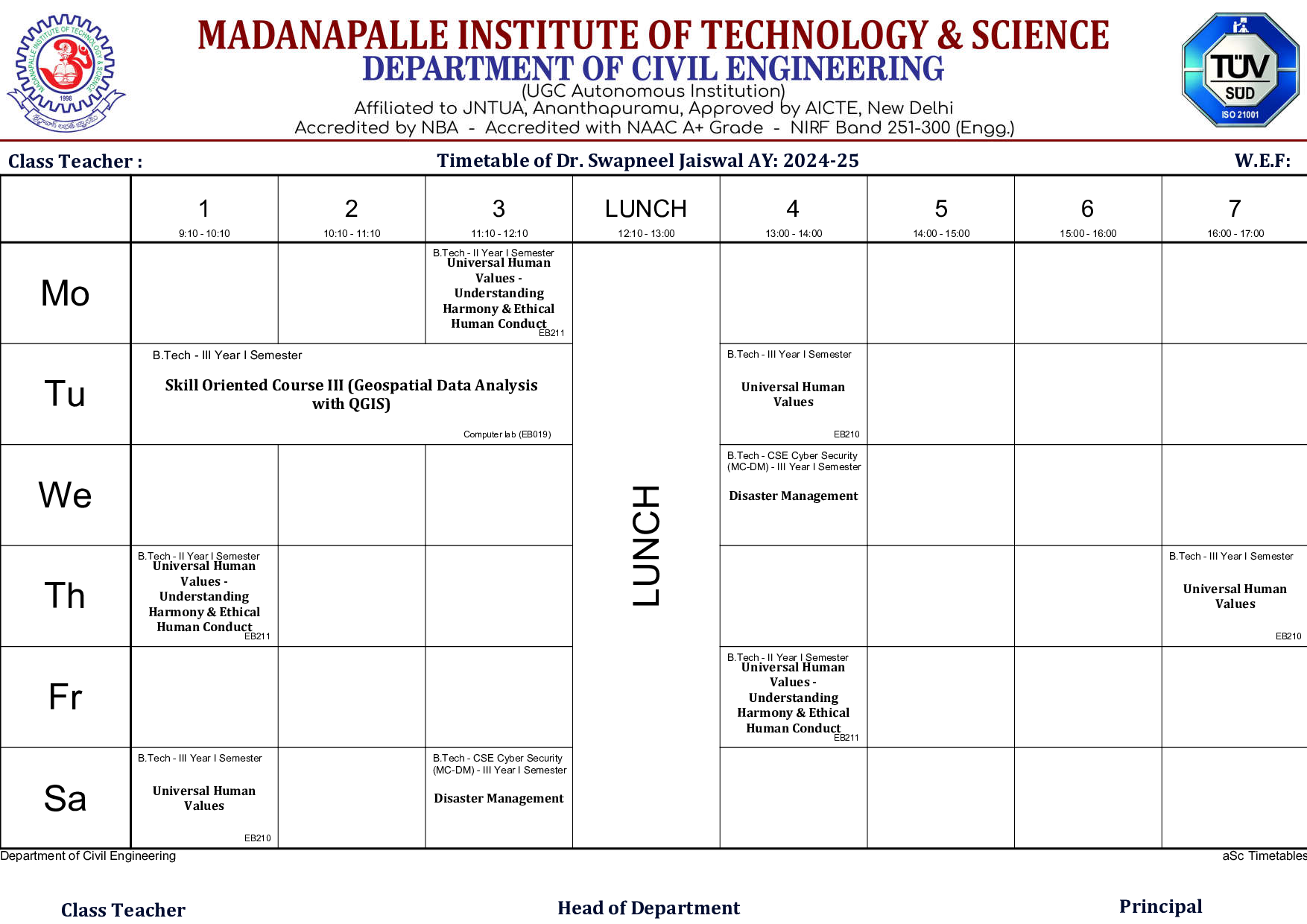 Civil Engineering - Faculty Timetable
